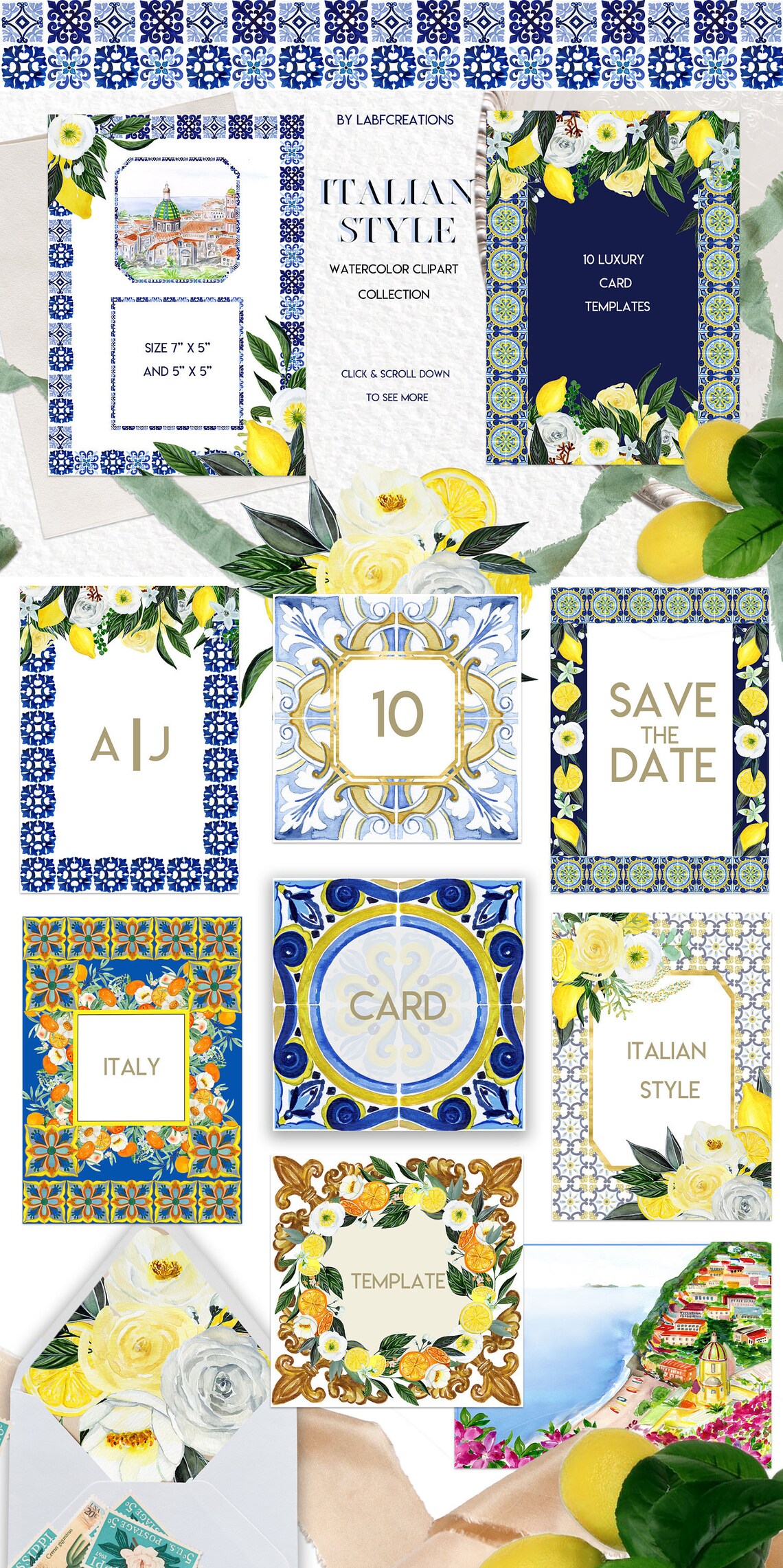 Mediterranean Tile and Floral Card Templates Watercolor. Oranges and ...