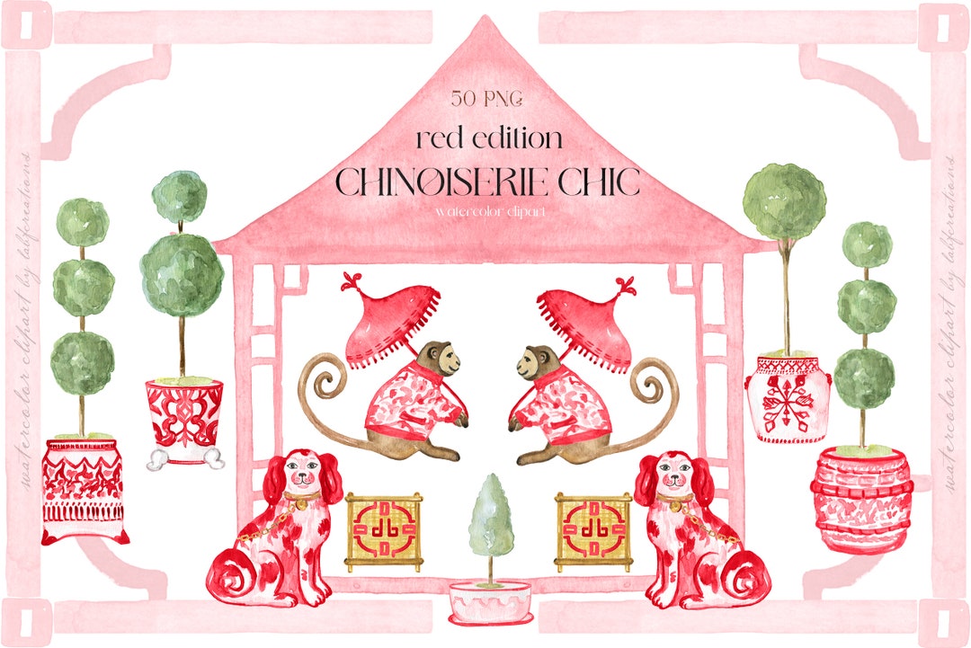 Red Chinoiserie Chic Topiary | Watercolor Clipart | Chinoiserie Print ...