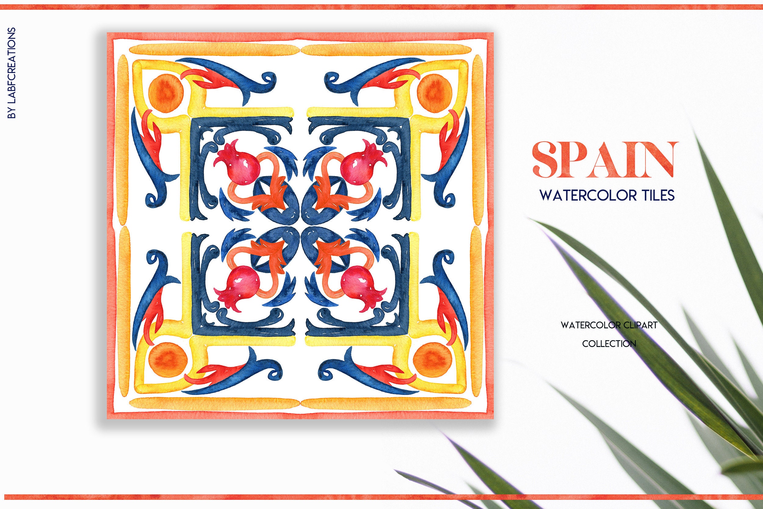 Watercolor Tiles bright Red Orange Blue Tiles Watercolor - Etsy