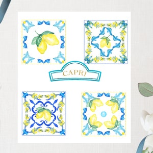 Watercolor TILES Capri Italy Wedding Lemons and Blue Tiles - Etsy