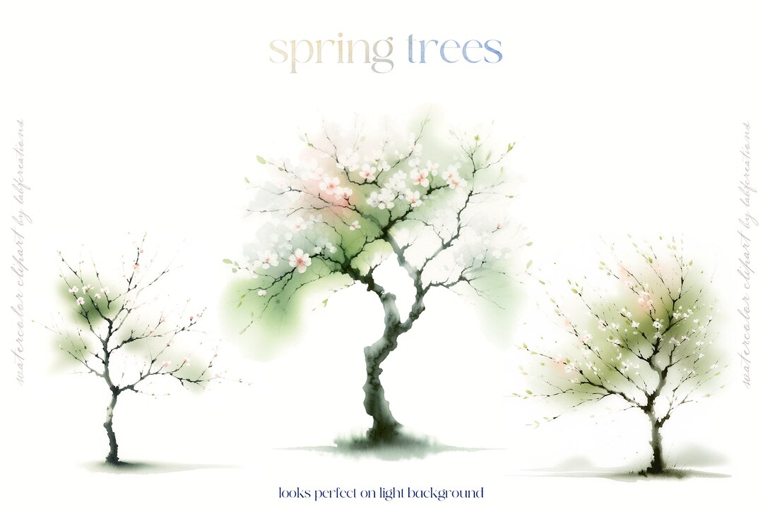 Spring Cherry Trees PNG. Watercolor Clipart. Digital PNG - Etsy