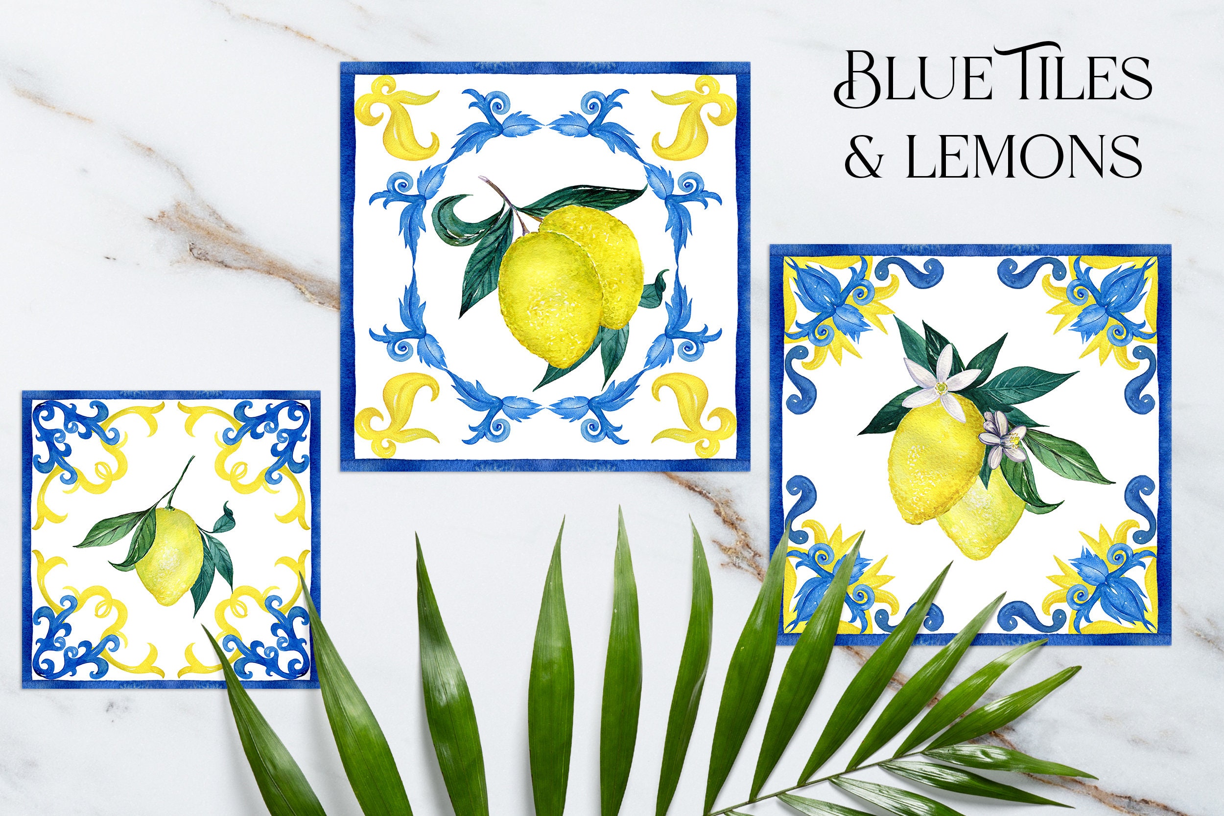 Watercolor Tiles blue Tiles and Lemons Watercolor Italian - Etsy