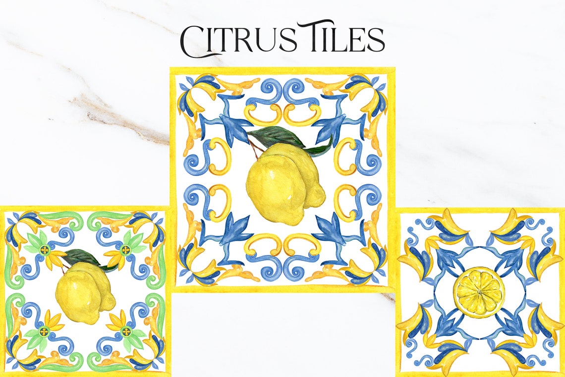 Lemon Watercolor Tiles. Light Blue Watercolor Tiles - Watercolor ...