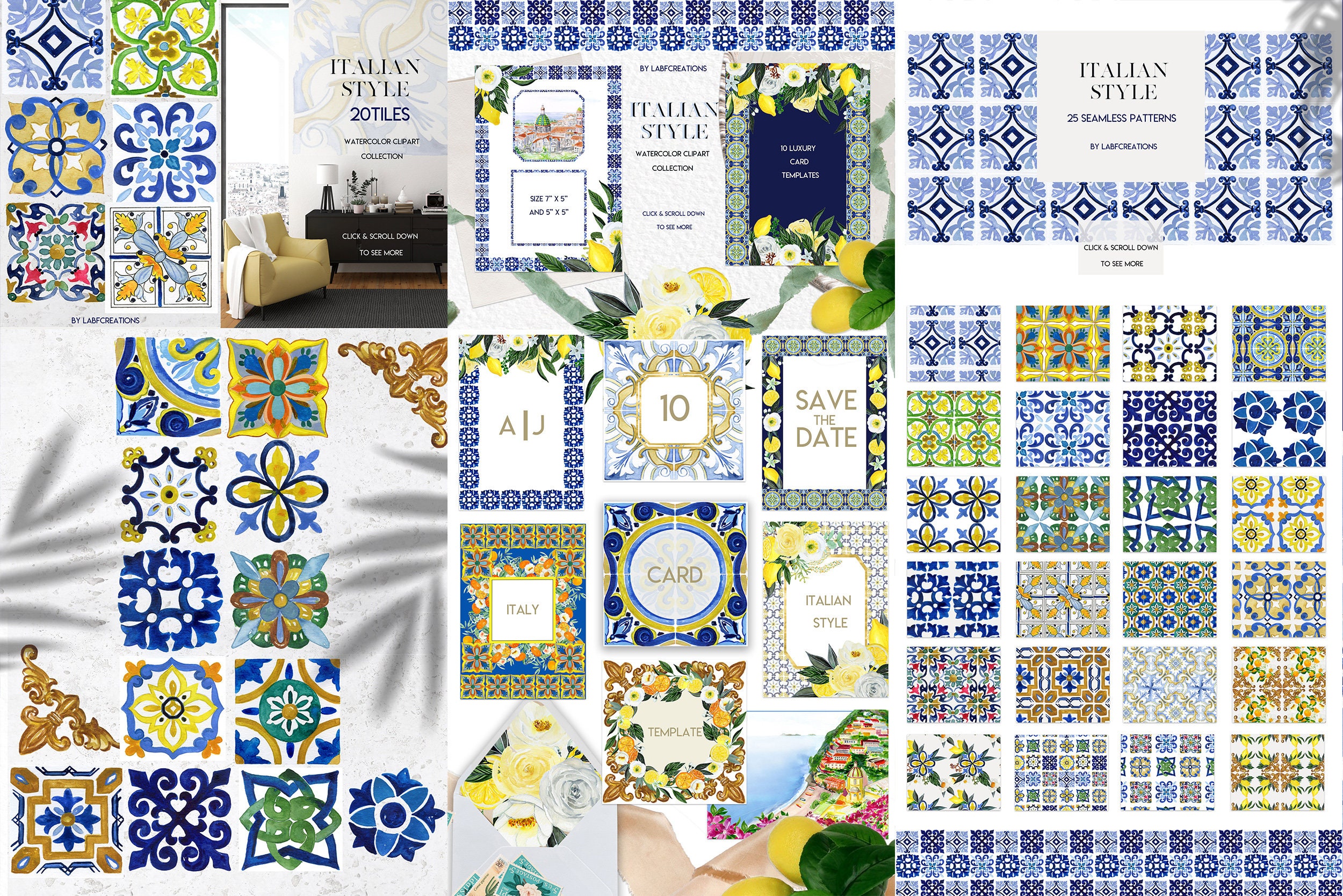 Italian Style. Watercolor Clipart. Blue Tiles. Italian Landmarks ...