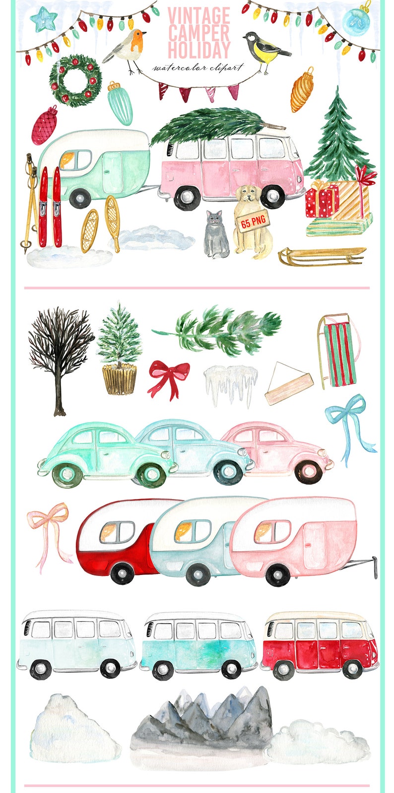 Vintage Camper Holiday Clipart Christmas Clipart Watercolor - Etsy