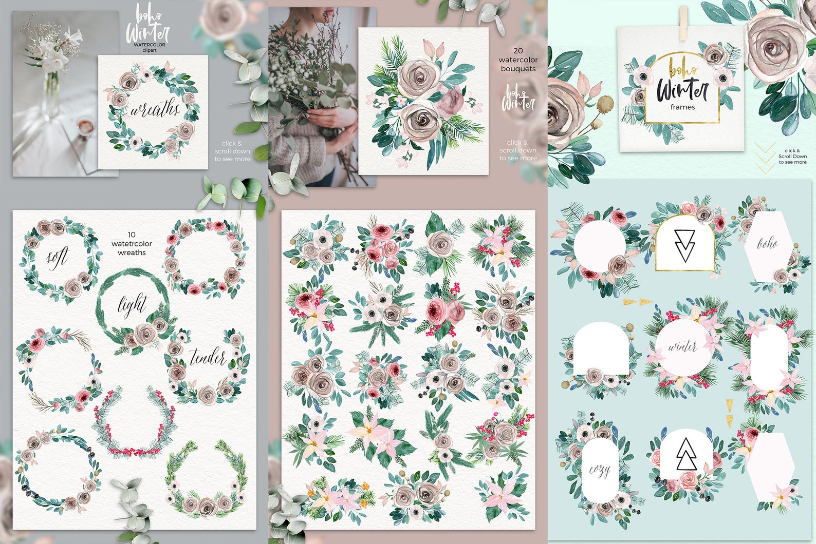 Boho Winter Watercolor Clipart Christmas Watercolor Clipart - Etsy