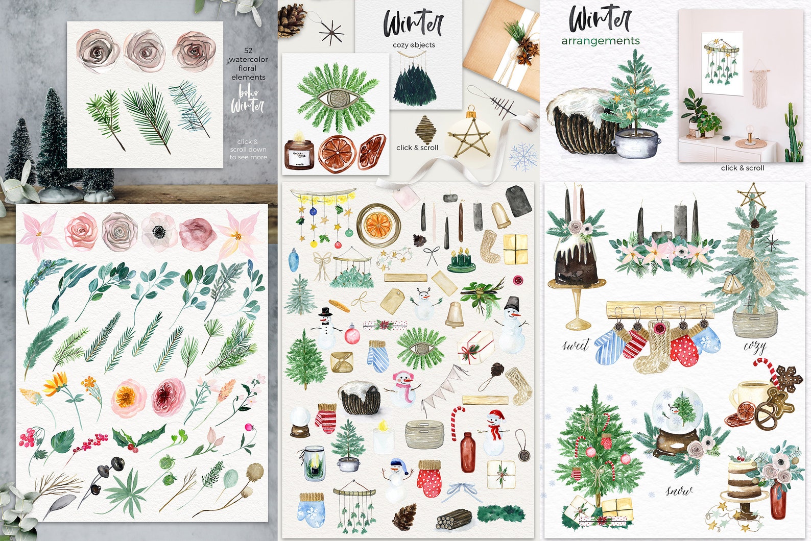 Boho Winter Watercolor Clipart Christmas Watercolor Clipart - Etsy