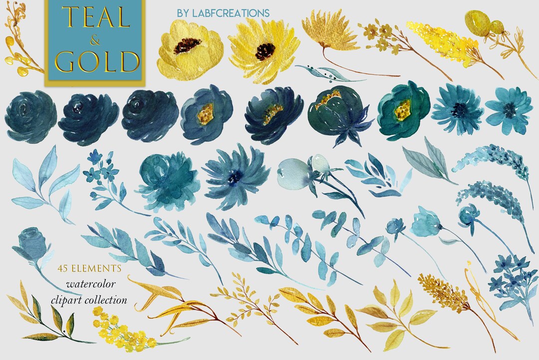 Teal and Gold Watercolor Flowers. Floral Elements. Watercolor Clip Art ...