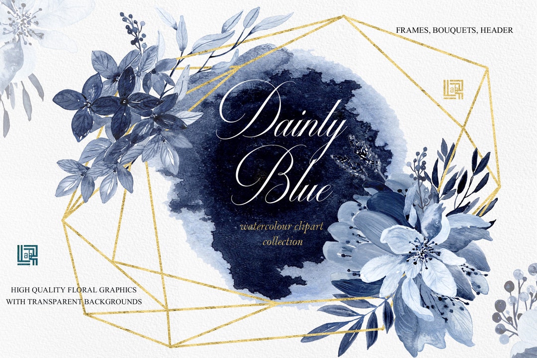 Dainty Blue. Navy Blue Watercolor Flowers and Branches. Frames ...