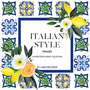 Blue Tile Frames. Italian Style. Mediterranean Tile Frames. Watercolor ...