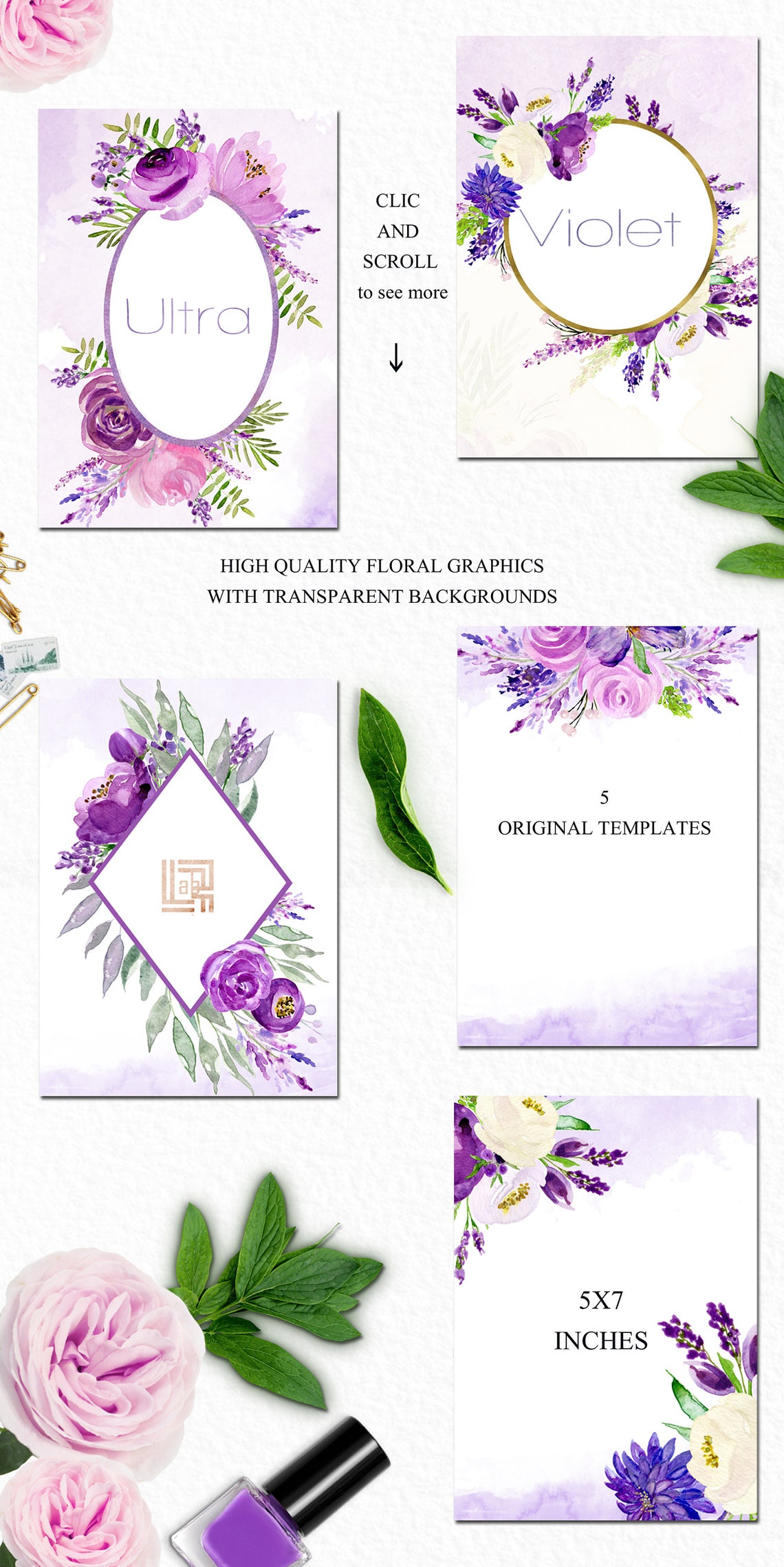 Ultra Violet Watercolour Flowers Clipart:templates and FRAMES. Purple ...