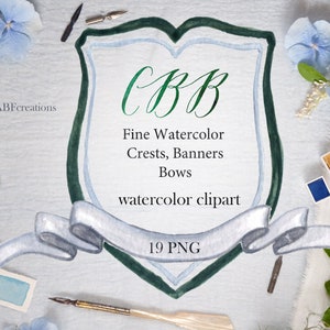 Watercolor Crest, Banner & Bow. Watercolor Clip Art. Wedding Crest ...