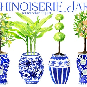 Chinoiserie Blue Jars | Watercolor Clipart | Watercolor Blue Tile ...