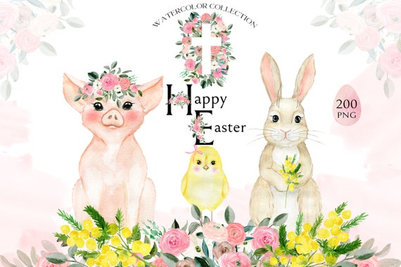 Happy Easter. Spring Watercolor Clipart. Blush Pink and Yellow - Etsy