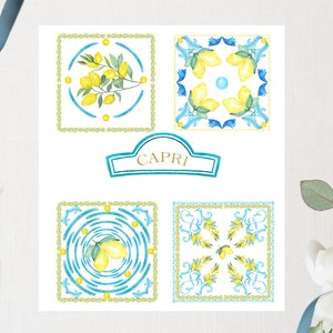 Watercolor TILES Capri Italy Wedding Lemons and Blue Tiles - Etsy