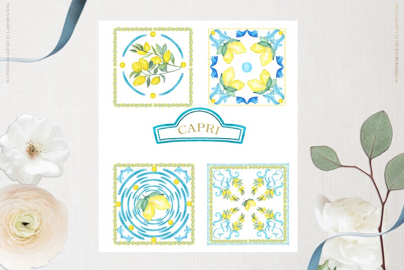Watercolor TILES Capri Italy Wedding Lemons and Blue Tiles - Etsy