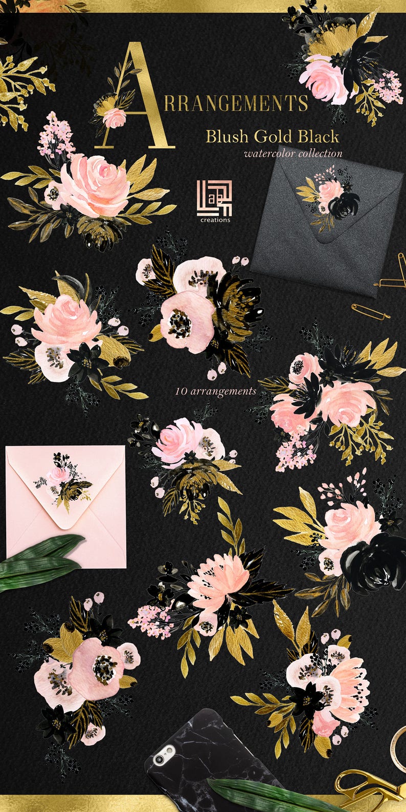 Blush pink black and gold watercolour flowers clipart hand | Etsy