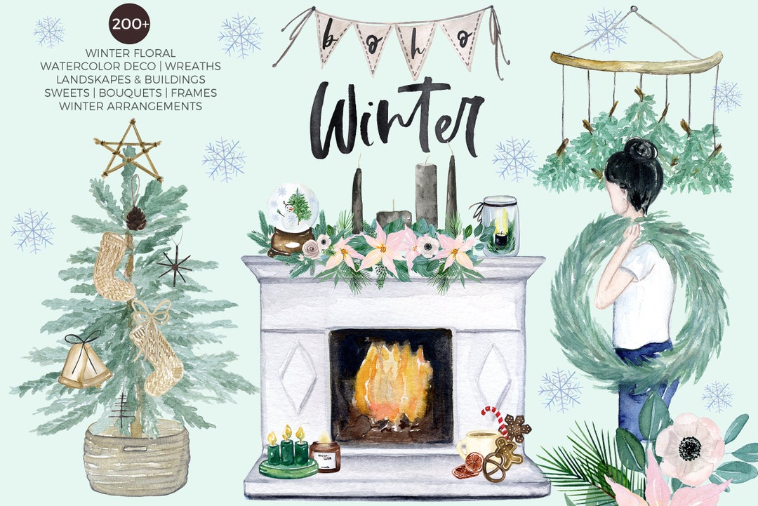 Boho Winter Watercolor Clipart | Christmas Watercolor Clipart | Winter ...