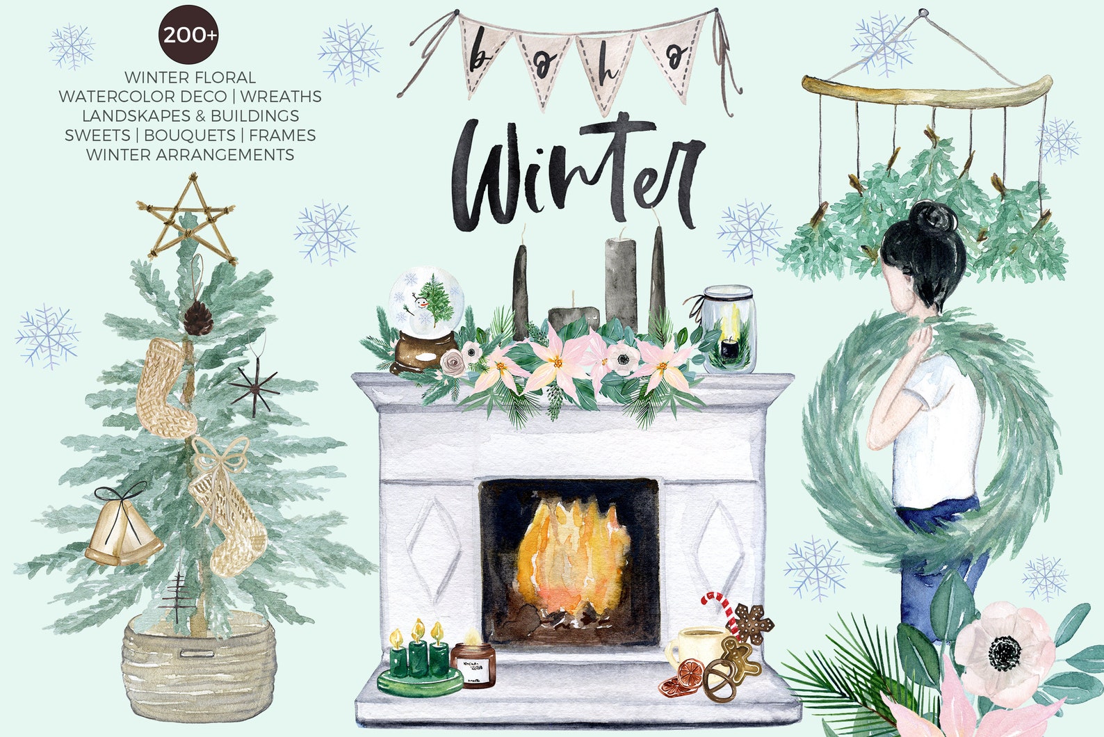 Boho Winter Watercolor Clipart Christmas Watercolor Clipart - Etsy