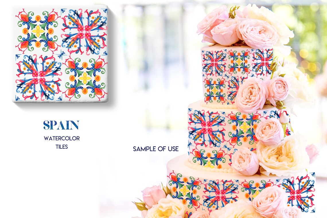 Watercolor Tiles bright Red Orange Blue Tiles Watercolor | Etsy