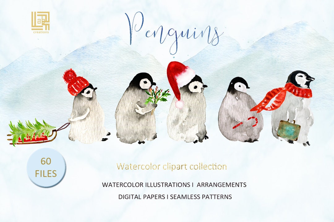 Winter Clip Art/ Penguins Watercolor/winter Animals Watercolour Clip ...