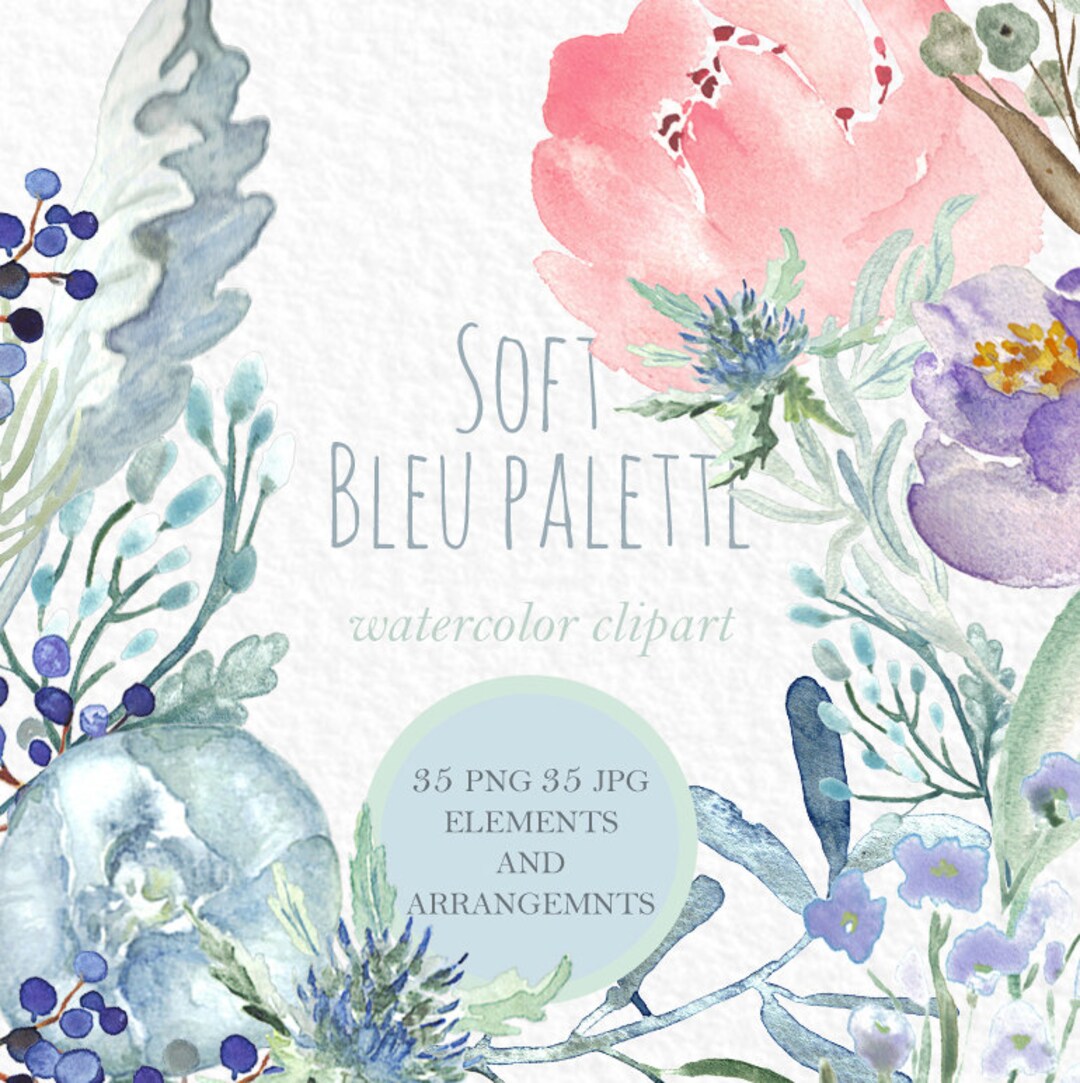 Soft Blue Palette Digital Clip Art. Pale Blue, Wreath and Branches ...