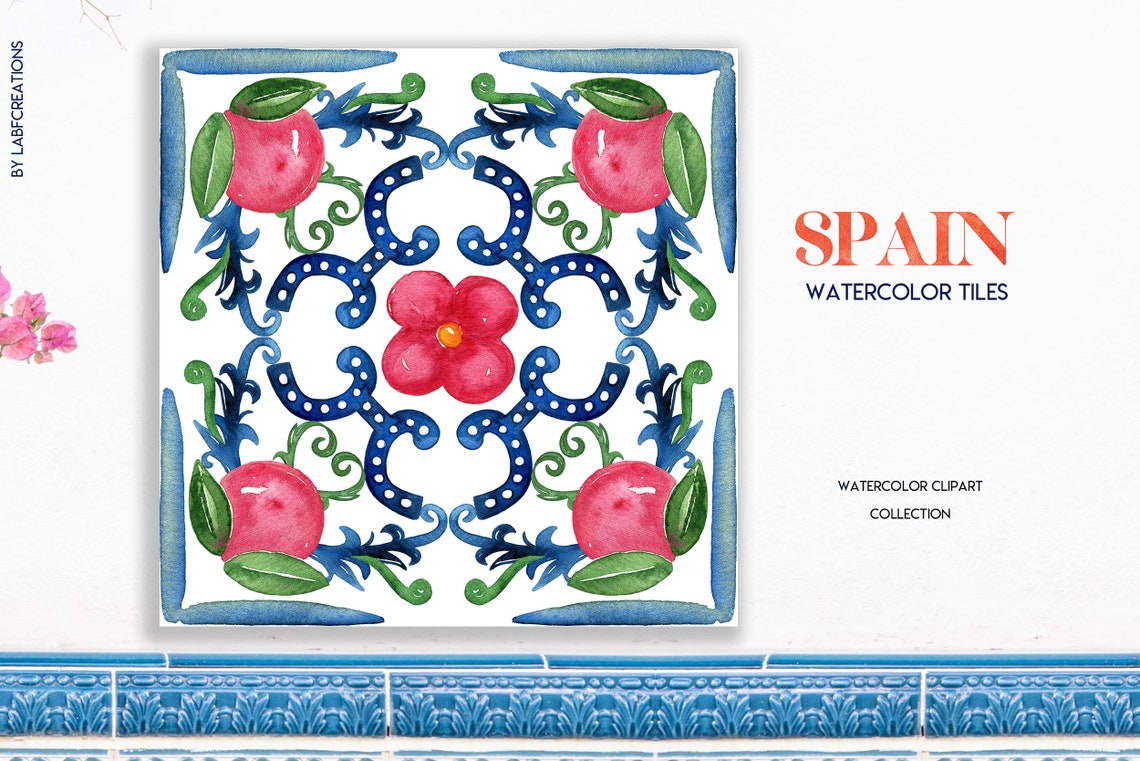 Watercolor Tiles -bright Red, Orange, Blue Tiles - Watercolor Spanish ...