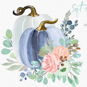 Soft Autumn. 5 Bouquets With Pumpkins | Pastel Watercolor Flowers ...