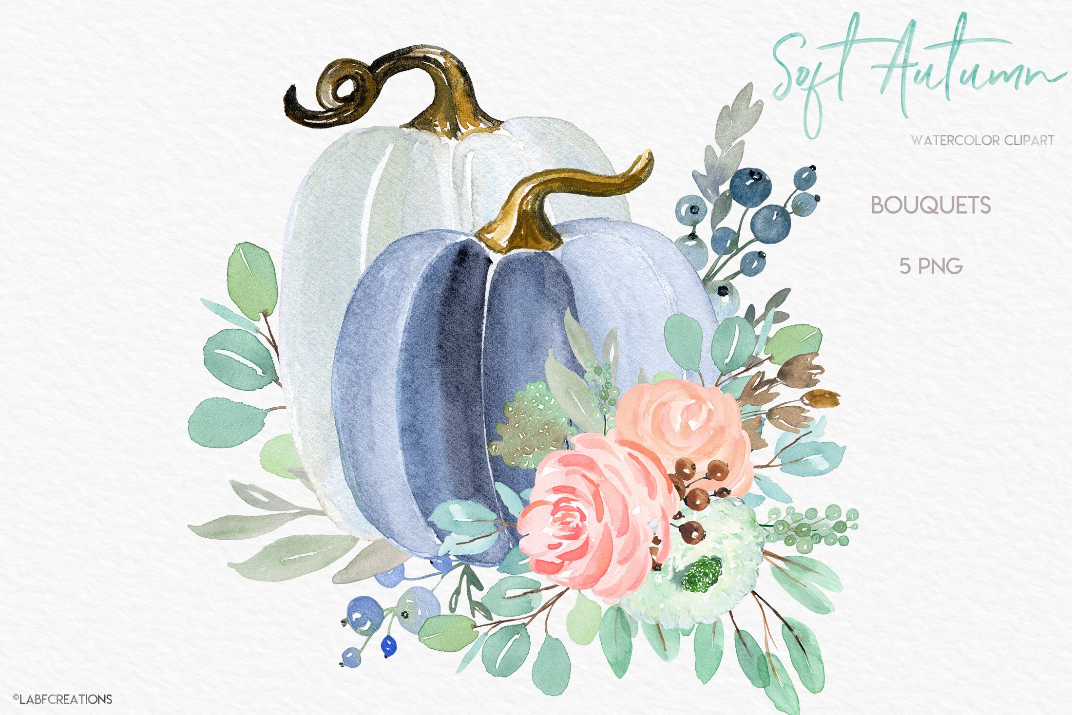 Soft Autumn. 5 Bouquets With Pumpkins | Pastel Watercolor Flowers ...