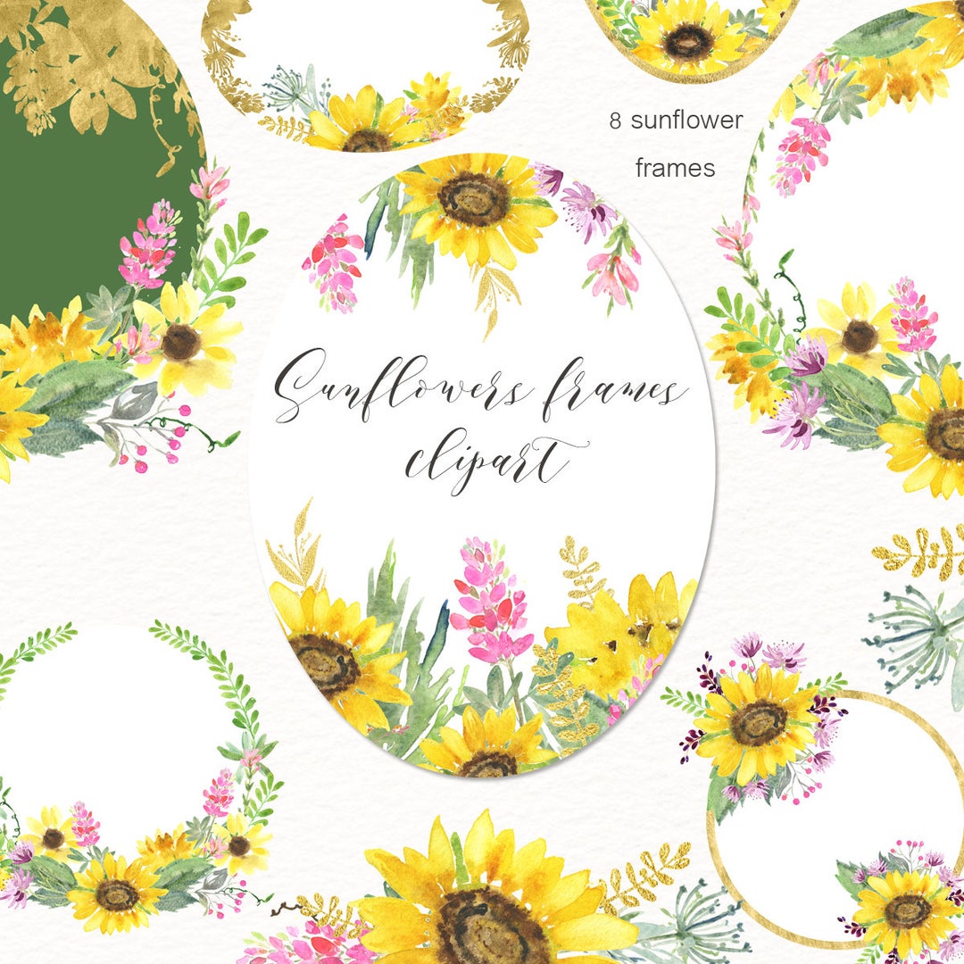 Sunflower Gold Watercolour Clipart Hand Drawn. Frames. - Etsy