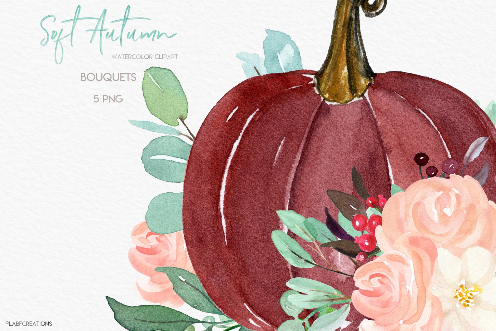 Soft Autumn. 5 Bouquets With Pumpkins | Pastel Watercolor Flowers ...
