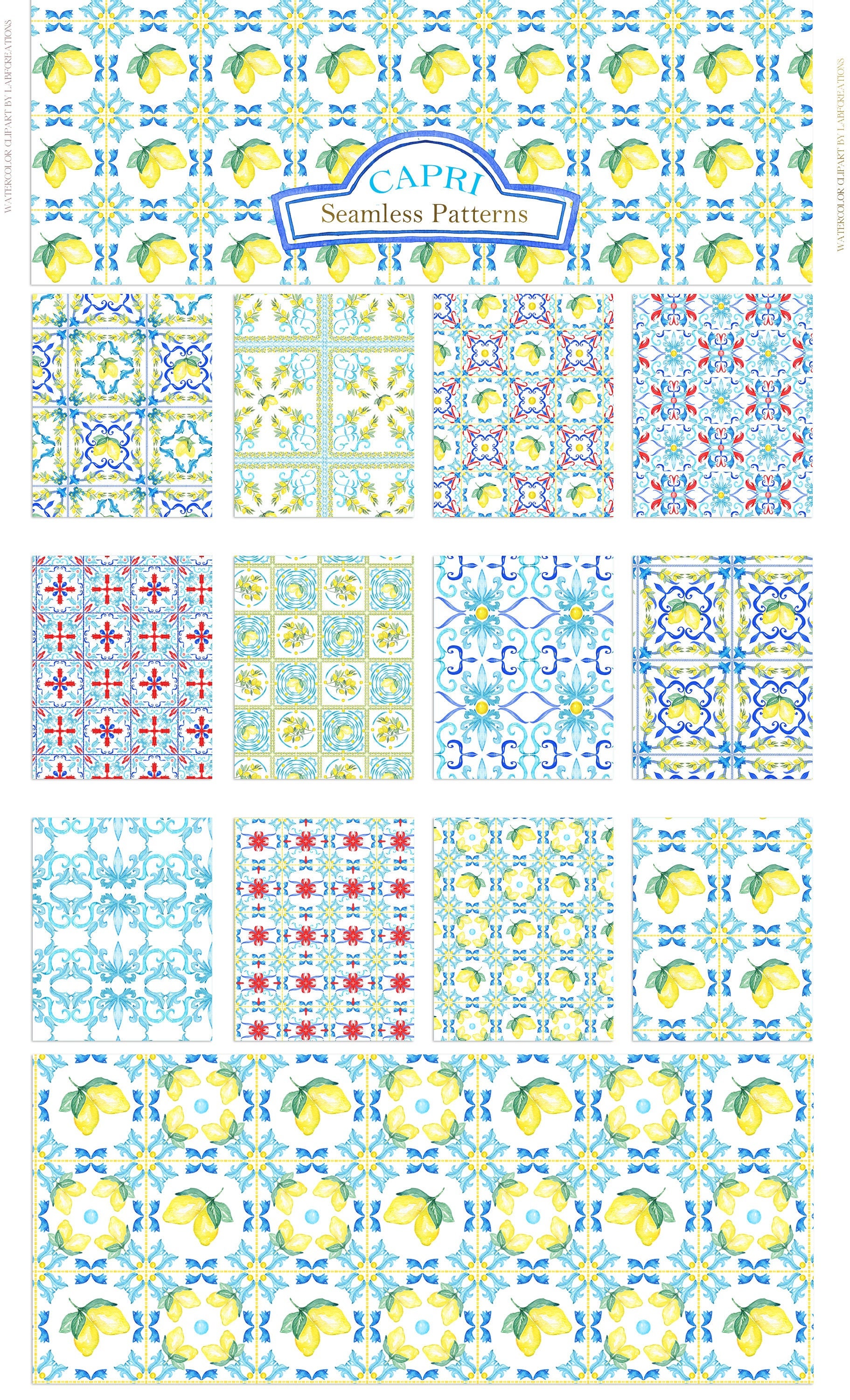Seamless Patterns Capri Italy Wedding Watercolor Clipart. Lemons and ...