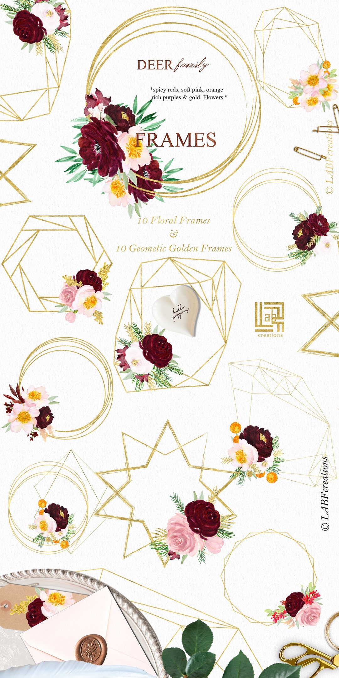 Floral Geometric FRAMES Marsala, Spicy Red and Orange Watercolour ...