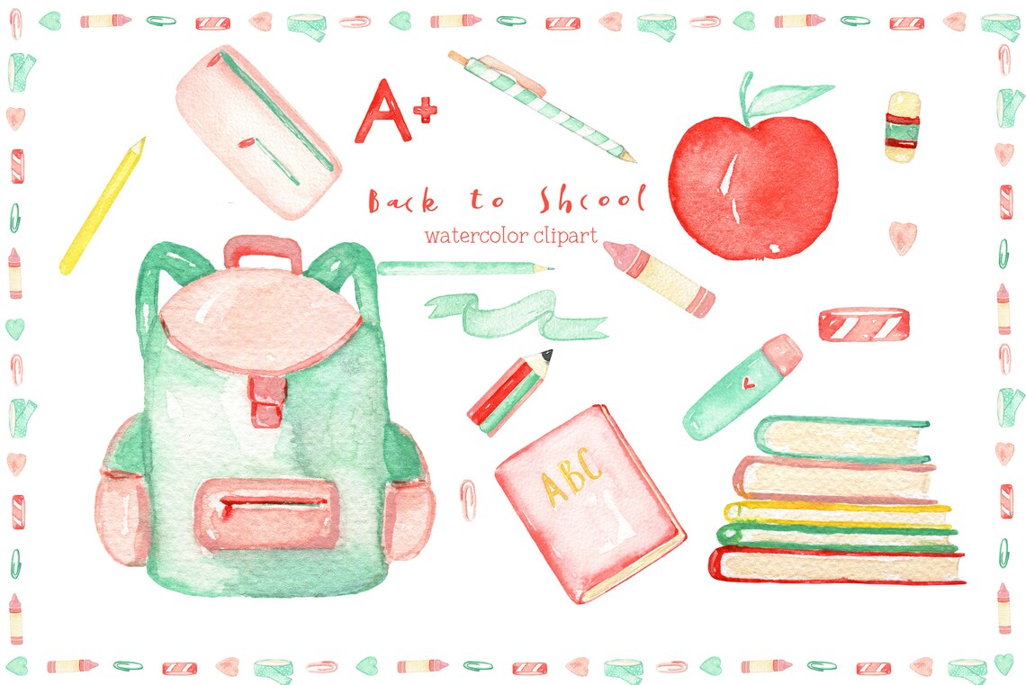Watercolor School Clipart Back to School Clipart Instant - Etsy