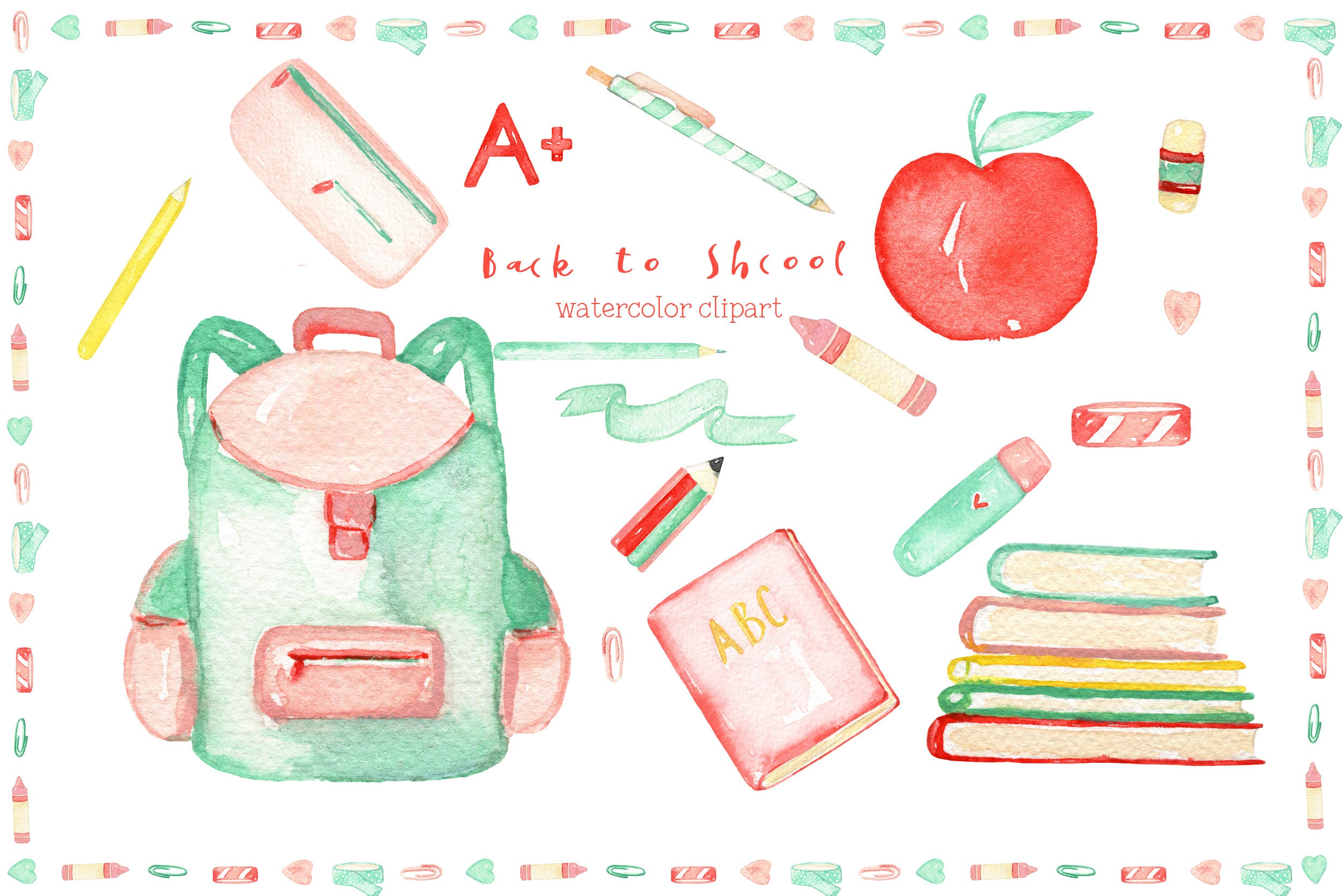 Watercolor School Clipart Back to School Clipart Instant - Etsy