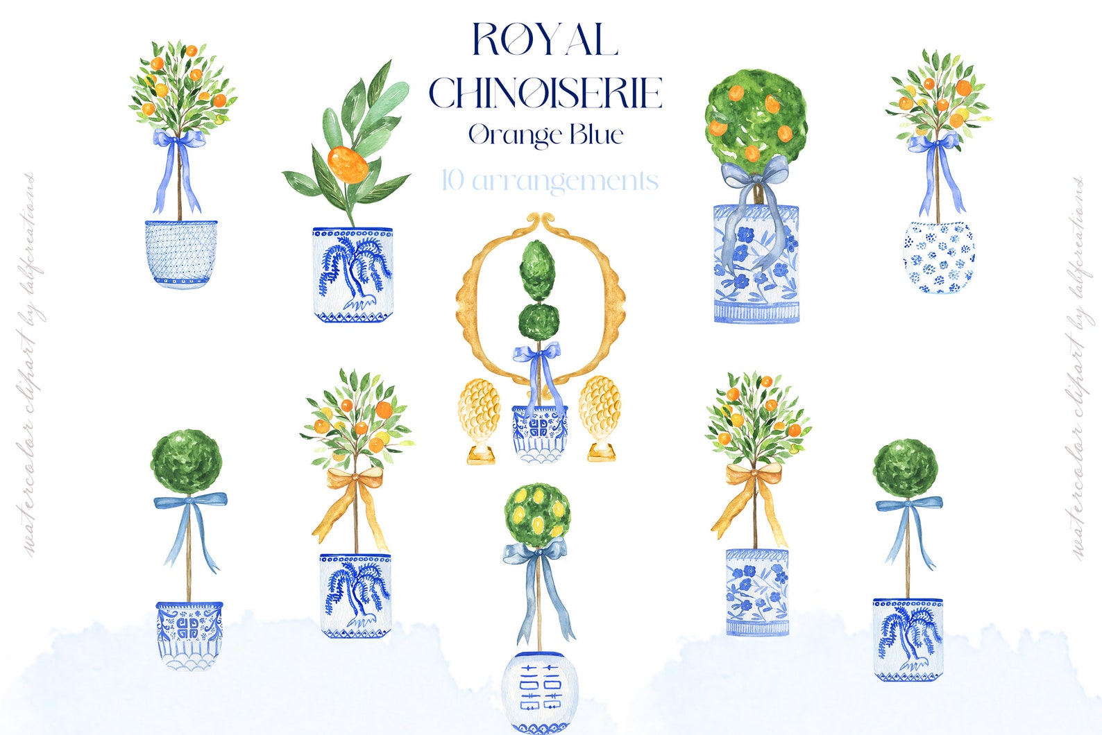 Royal Chinoiserie Orange & Blue Topiary. Watercolor Clipart - Etsy