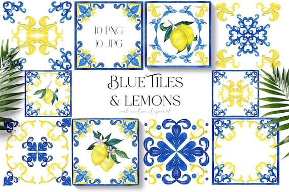 Watercolor Tiles blue Tiles and Lemons Watercolor Italian - Etsy