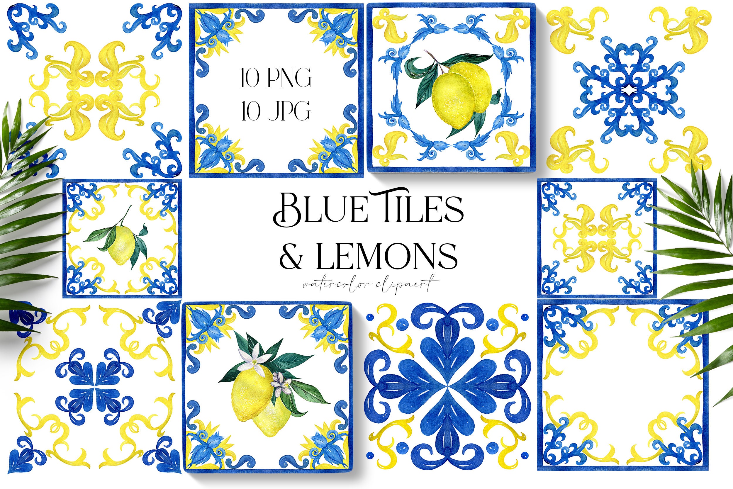 Watercolor Tiles blue Tiles and Lemons Watercolor Italian - Etsy