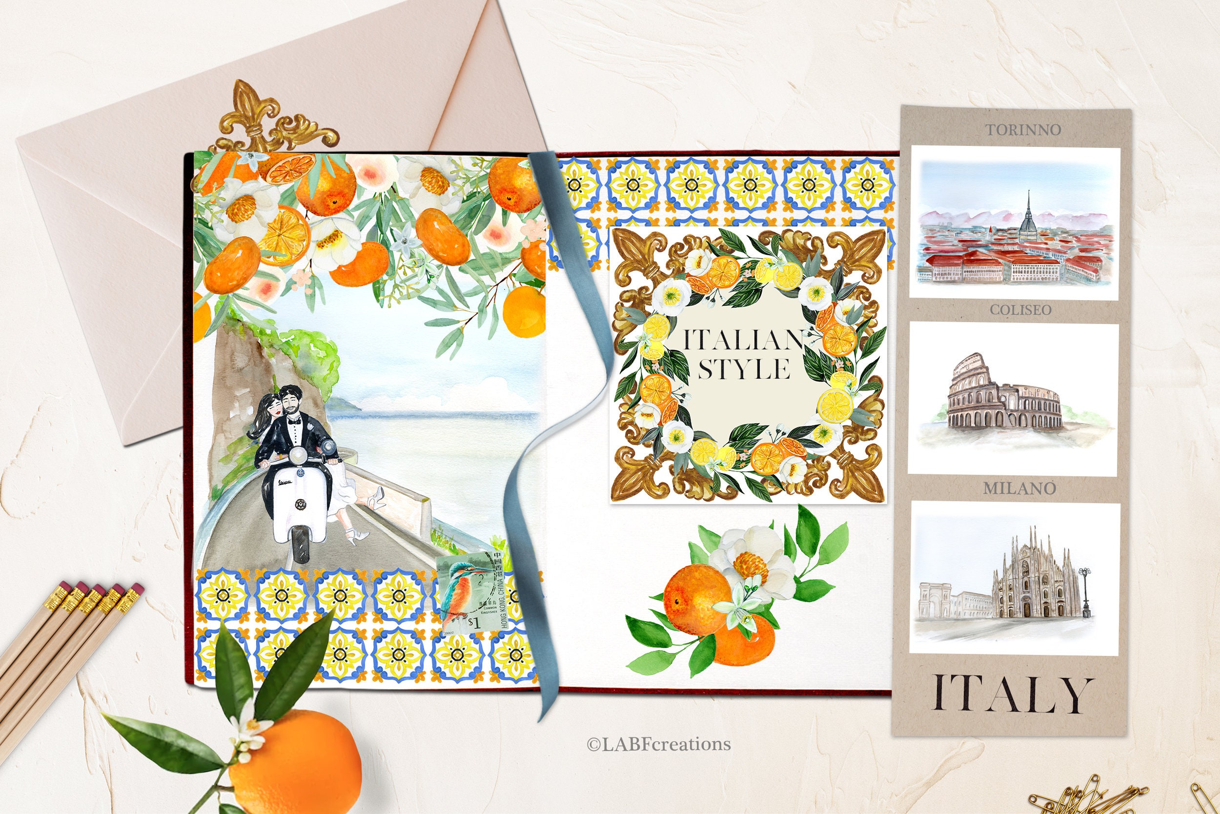 Mediterranean Tile and Floral Card Templates Watercolor. Oranges and ...