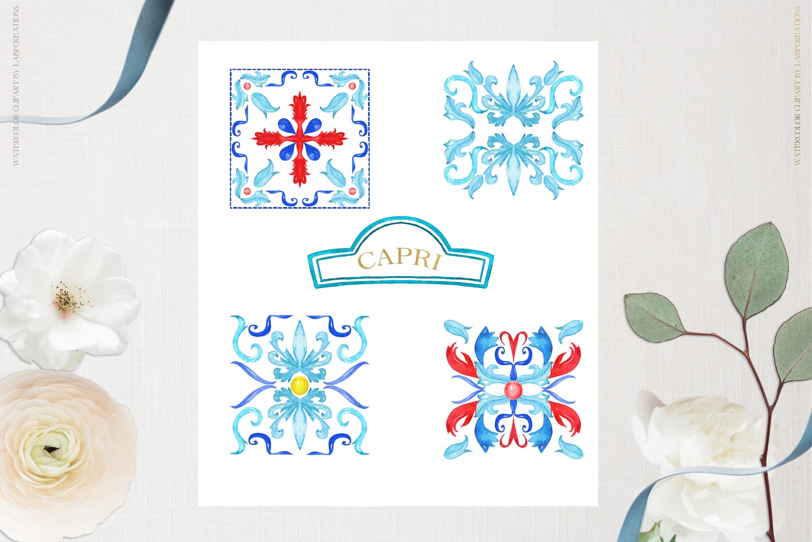 Watercolor TILES Capri Italy Wedding Lemons and Blue Tiles - Etsy