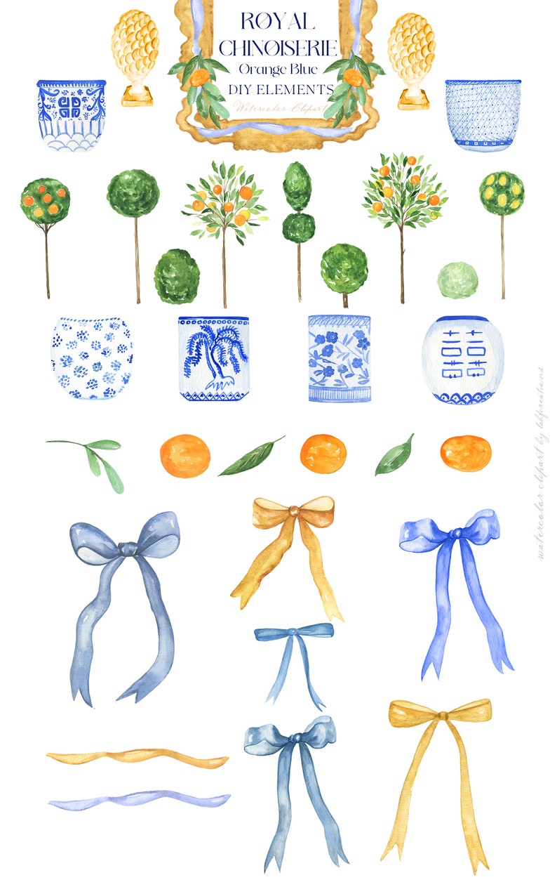 Royal Chinoiserie Orange & Blue Topiary. Watercolor Clipart - Etsy