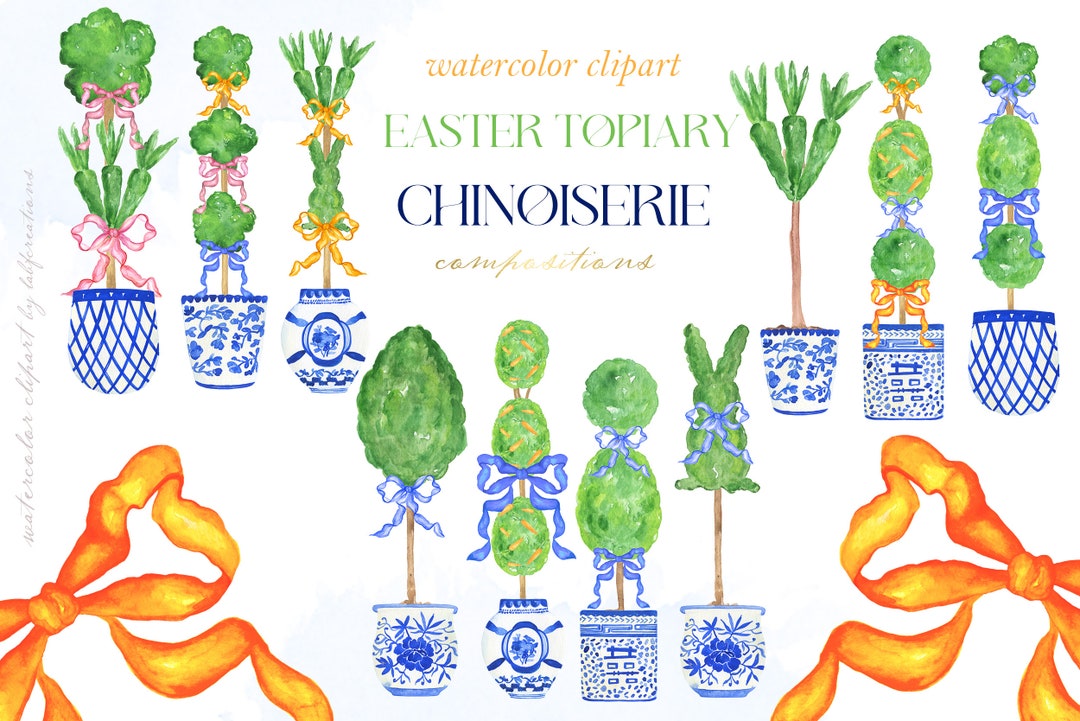 Blue Chinoiserie Christmas Topiary. Blue Watercolor Clipart ...