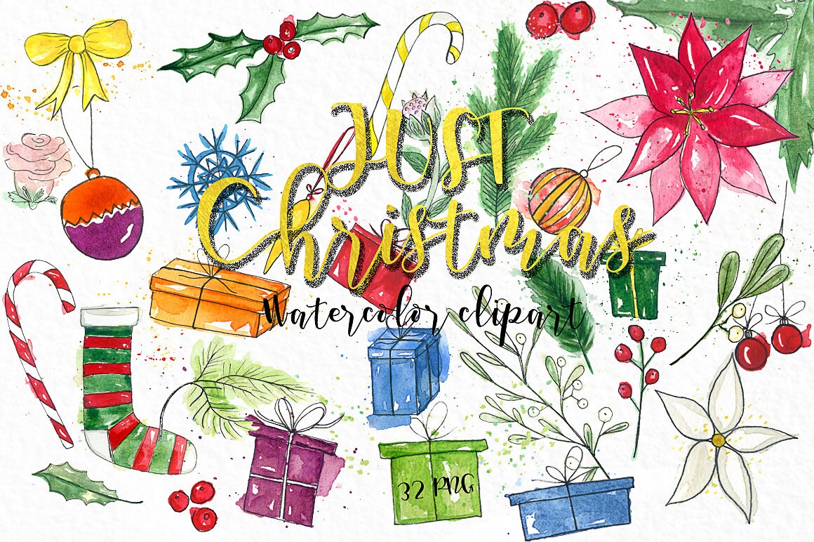 Just Christmas. Watercolor Clipart Hand Drawn. Christmas Clip - Etsy