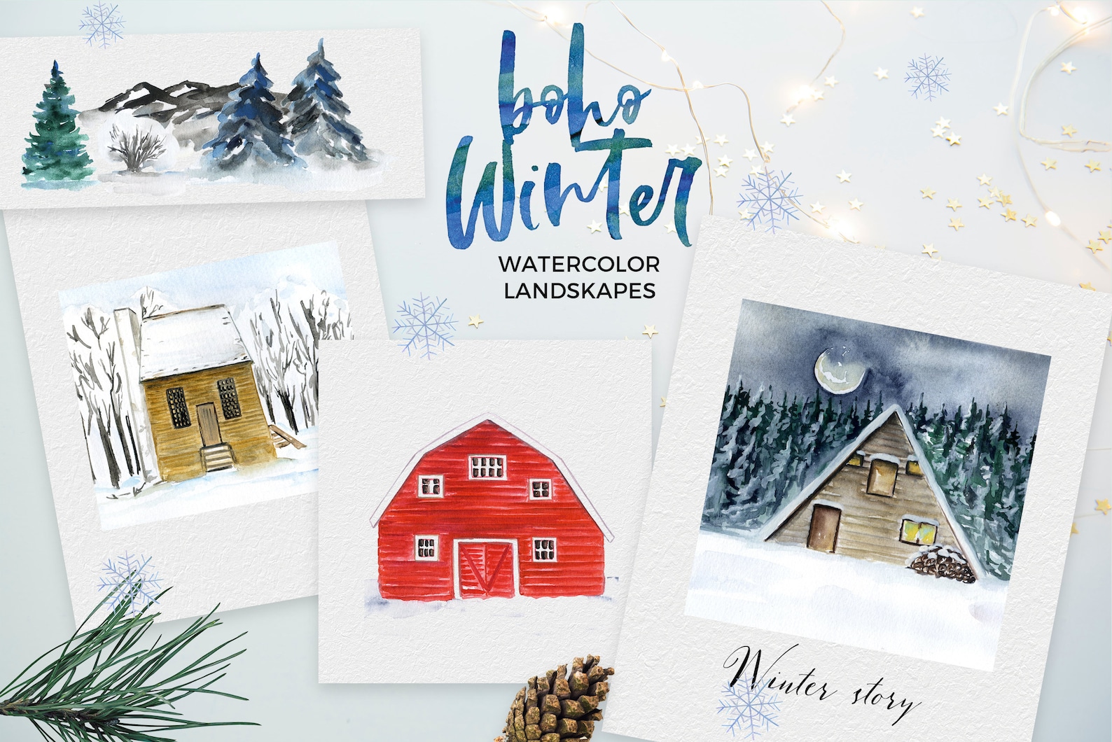 Boho Winter Watercolor Clipart Christmas Watercolor Clipart - Etsy