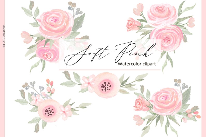 Soft Pink Watecolor Flowers Clip Art. Soft Pink Wreath , Bouquets ...