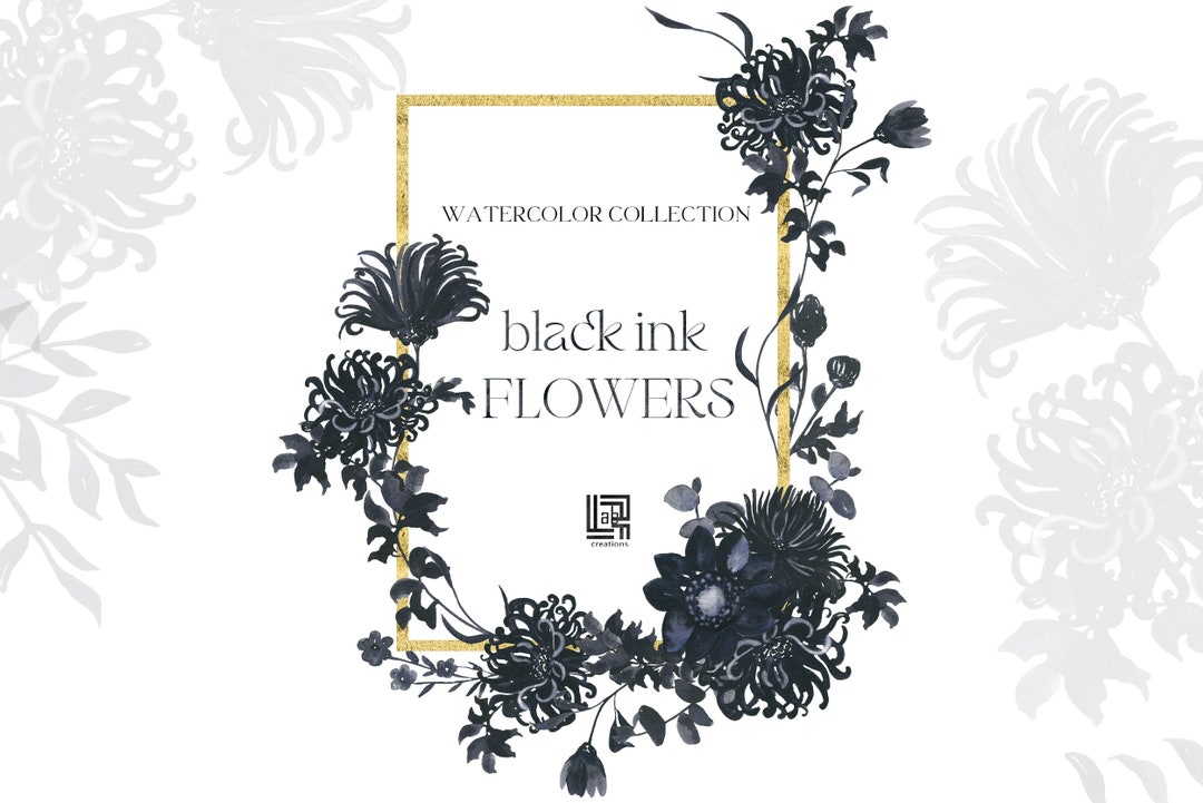 Black Ink Flowers Watercolor Clipart. FRAMES Hand Drawn Watercolor ...