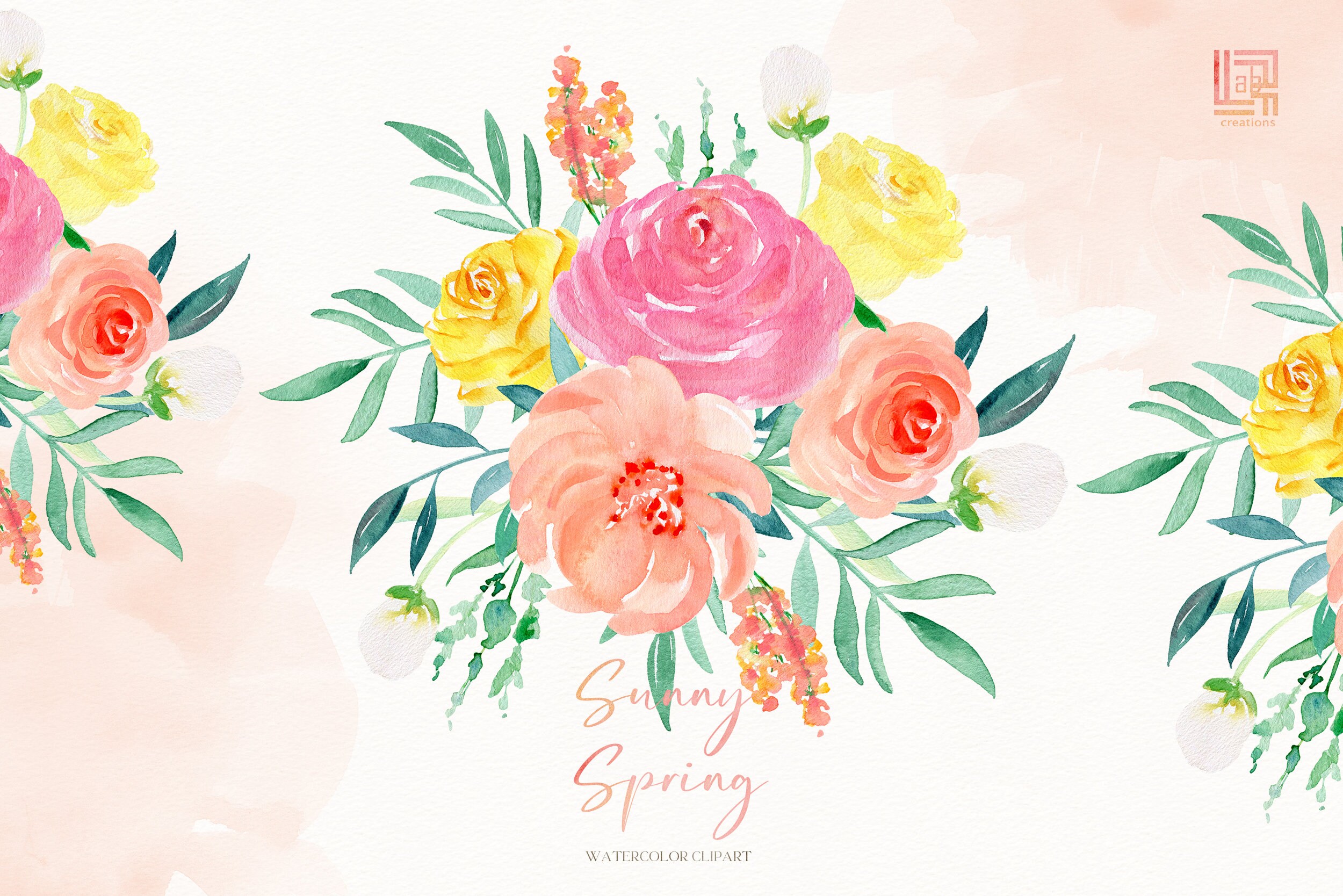 Sunny Spring. Peach Blush Pink and Yellow Watercolor Flowers. - Etsy