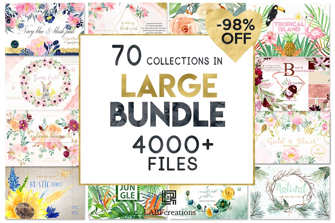 Bundle. 70 Watercolor Clipart COLLECTIONS IN 1. BUNDLE. Save 98% Off ...