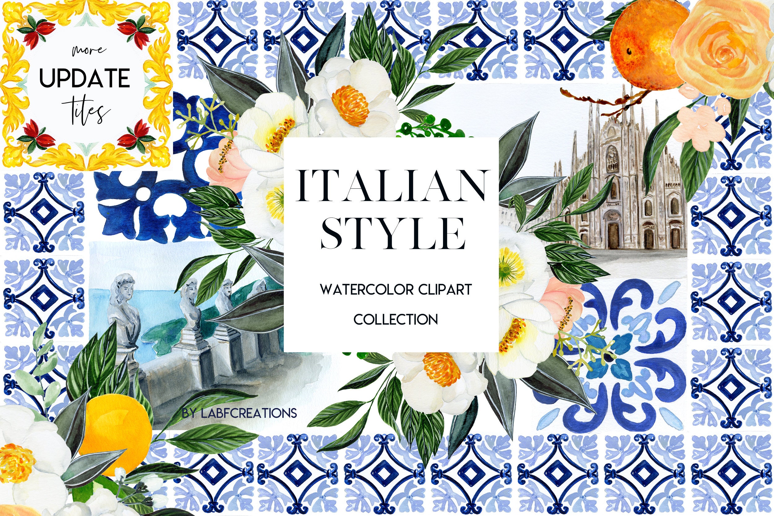 Italian Style. Watercolor Clipart. Blue Tiles. Italian Landmarks ...