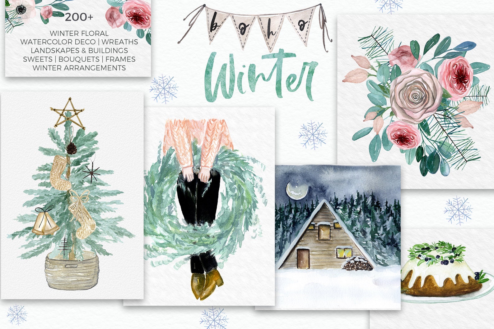 Boho Winter Watercolor Clipart Christmas Watercolor Clipart - Etsy